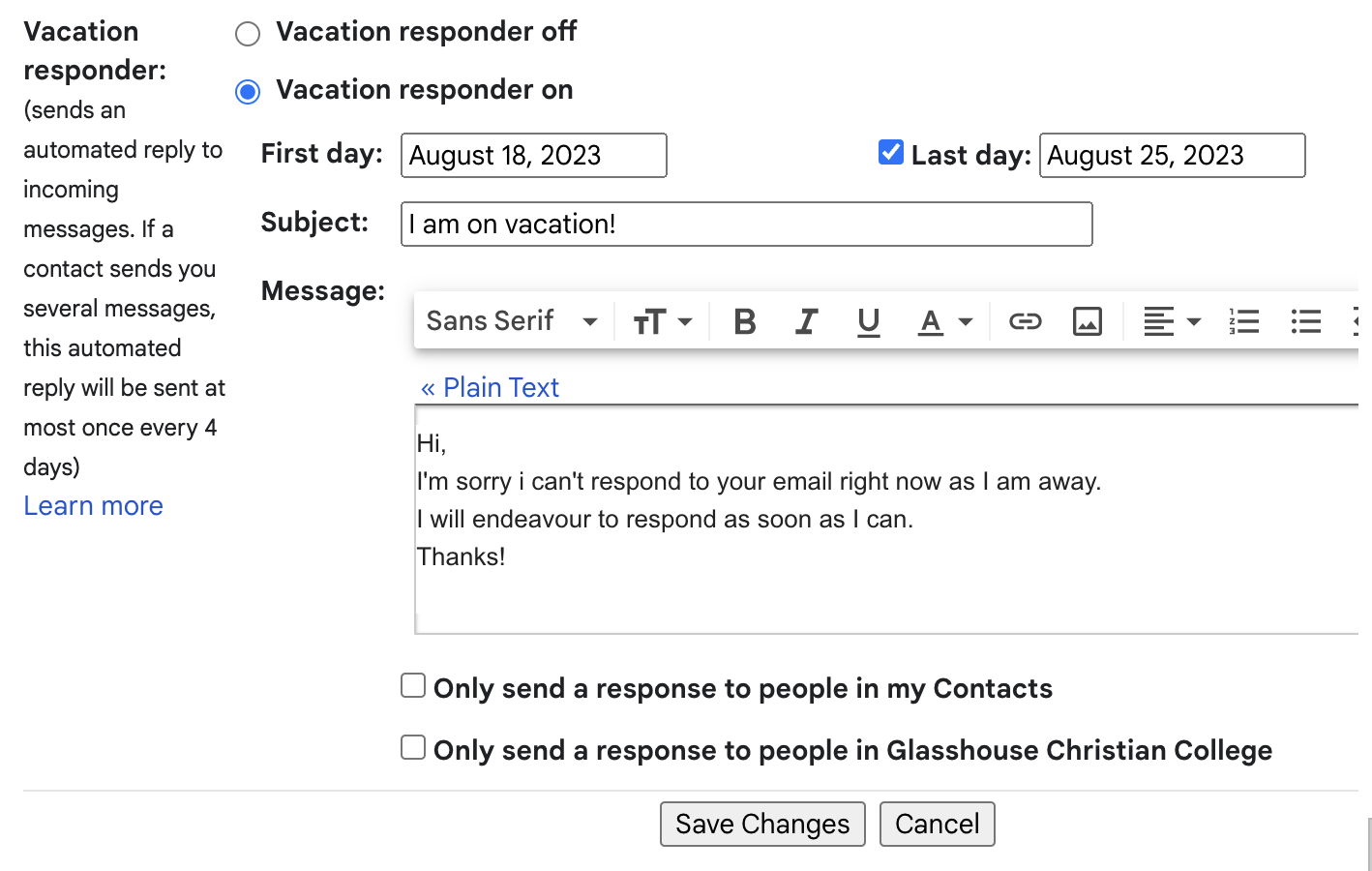How to set a vacation message – Glasshouse Christian College